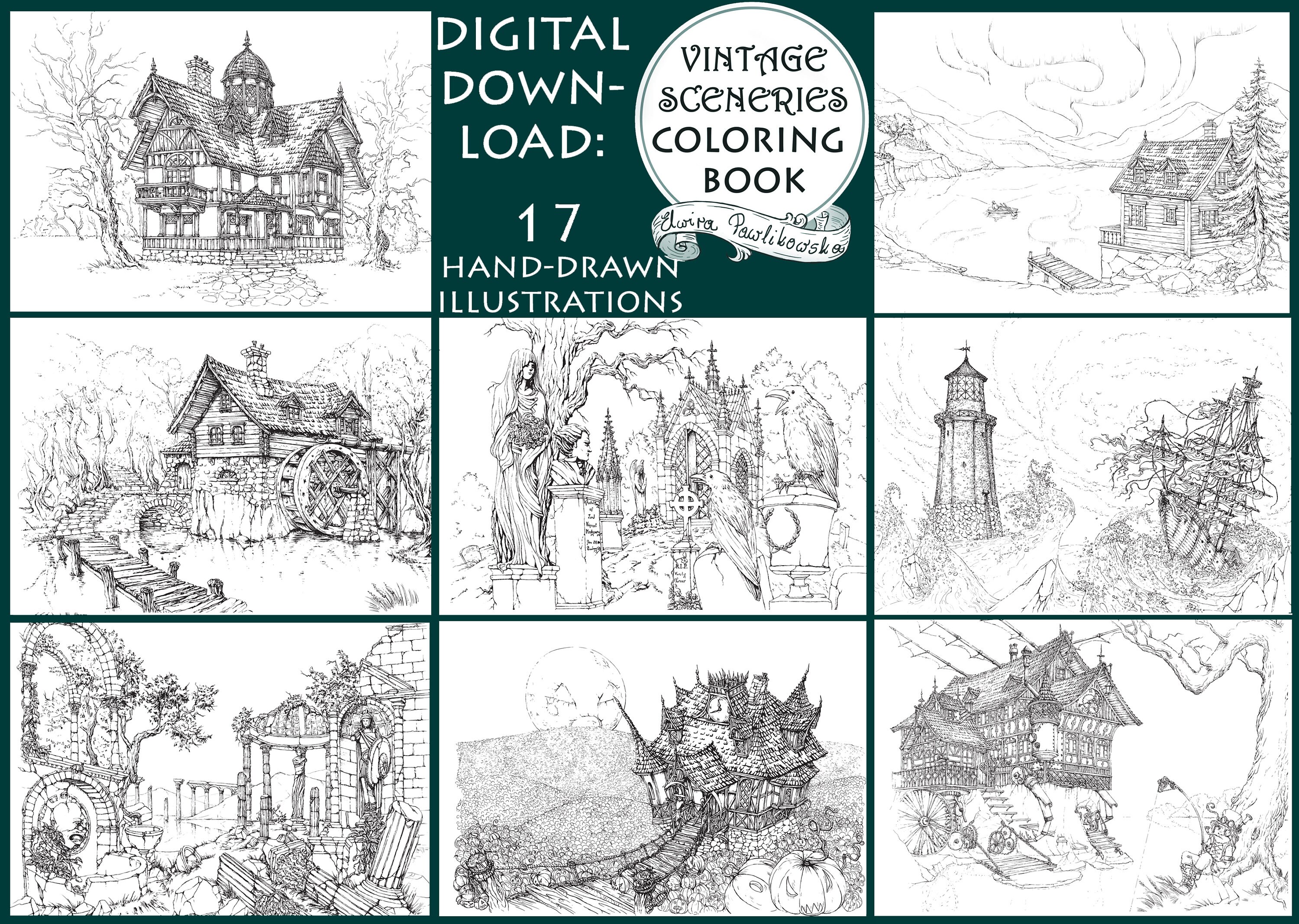 PRINTABLE COLORING BOOK in Pdf vintage Sceneries Digital Download Hand ...