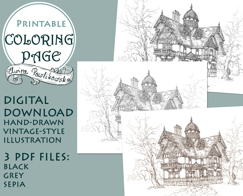 Printable Coloring Page victorian Mansion A3 Size Detailed, Hand-drawn ...