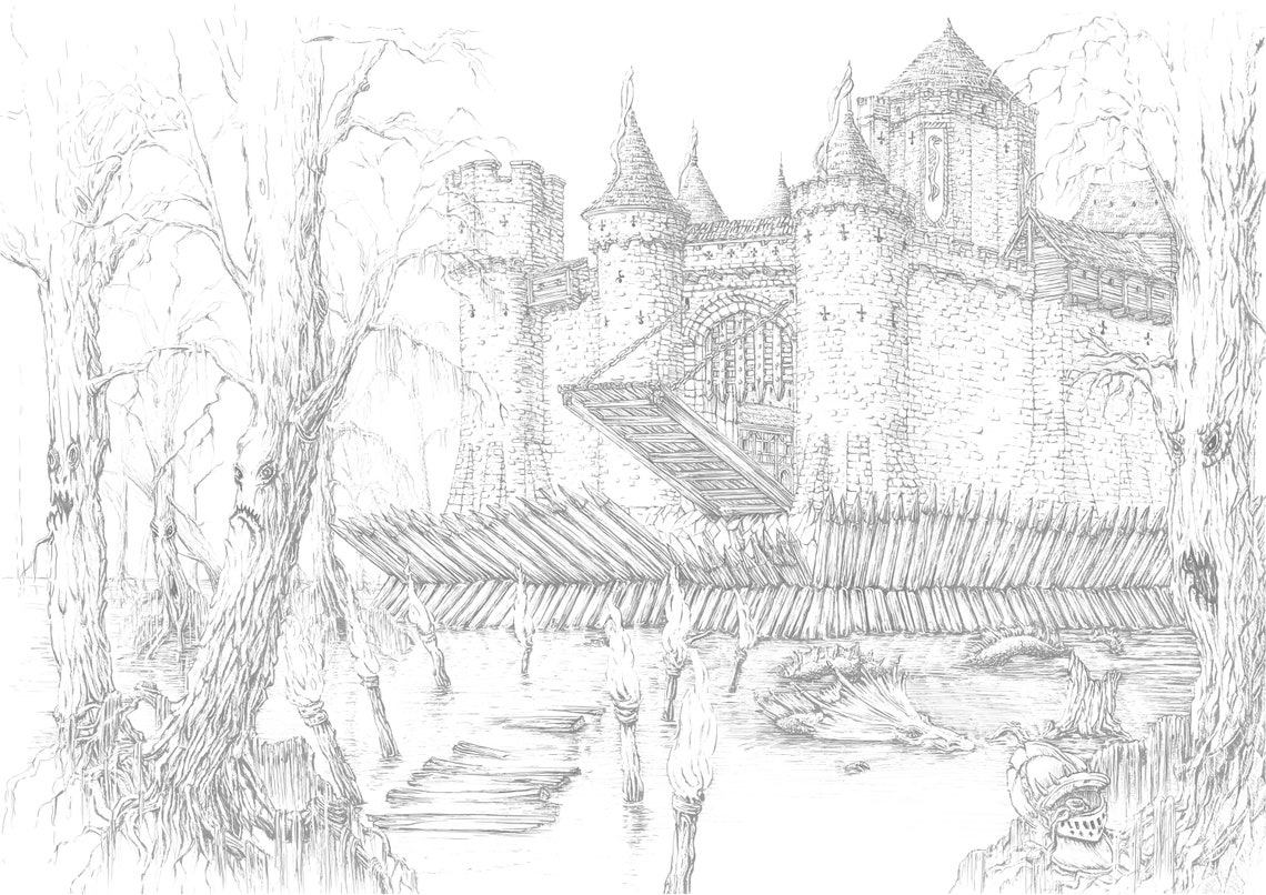 PRINTABLE COLORING PAGE fantasy Fortress A3 Size Detailed, Hand-drawn ...