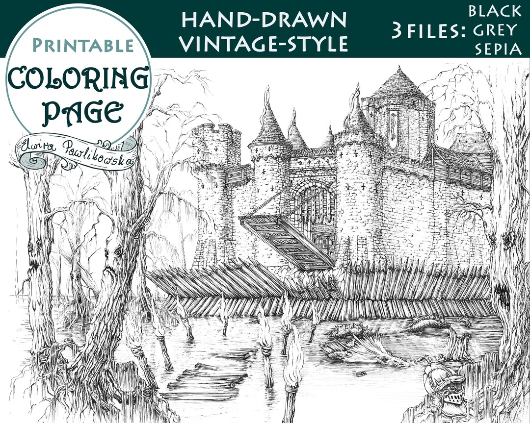 PRINTABLE COLORING PAGE fantasy Fortress A3 Size Detailed, Hand-drawn ...