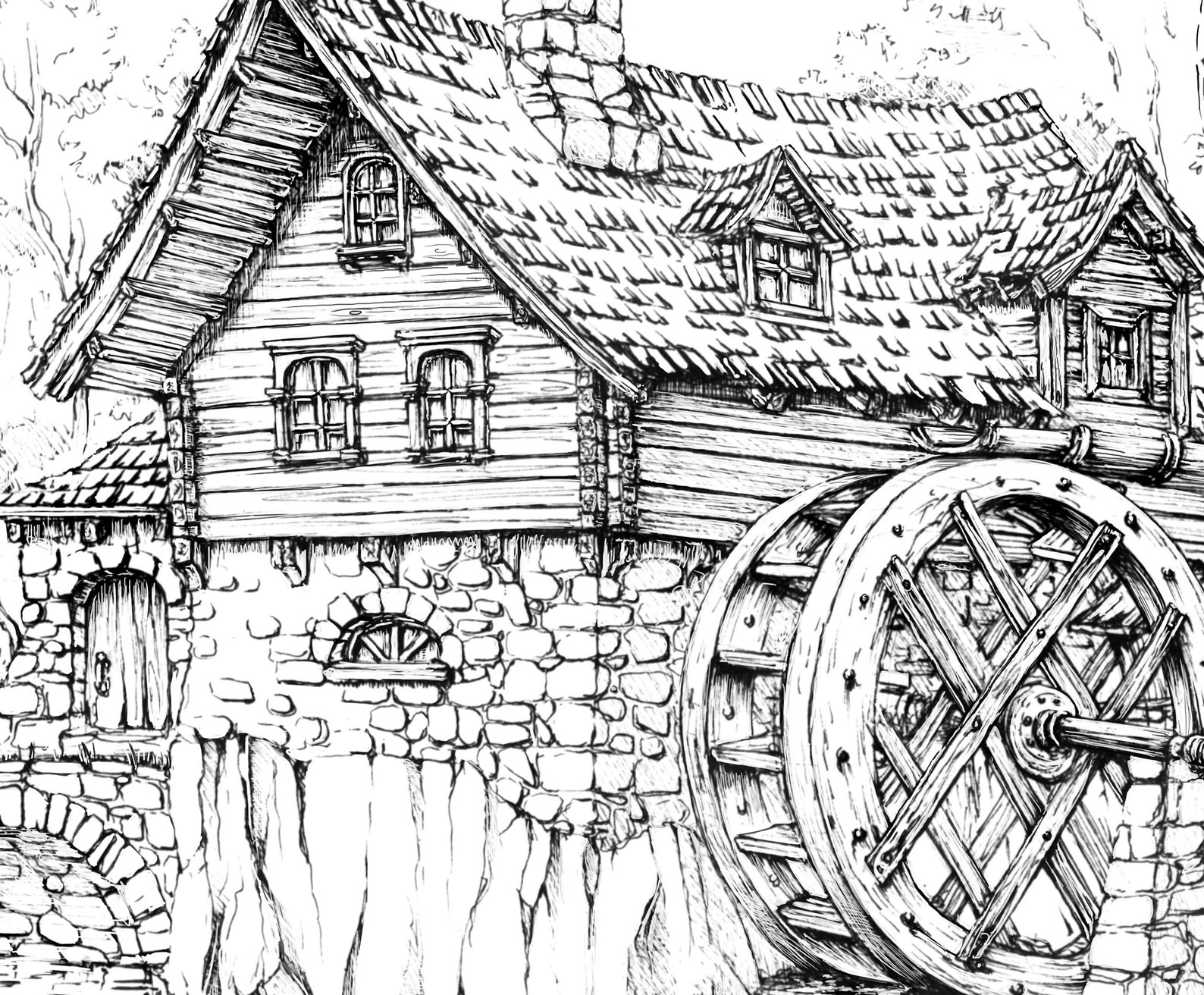 WATERMILL A3 Size Printable Coloring Page With a Detailed - Etsy