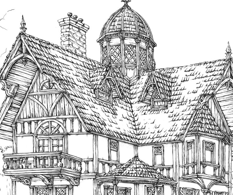 Printable Coloring Page victorian Mansion A3 Size Detailed, Hand-drawn ...