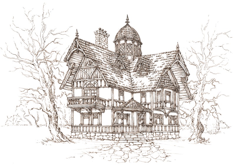 Printable Coloring Page victorian Mansion A3 Size Detailed, Hand-drawn ...