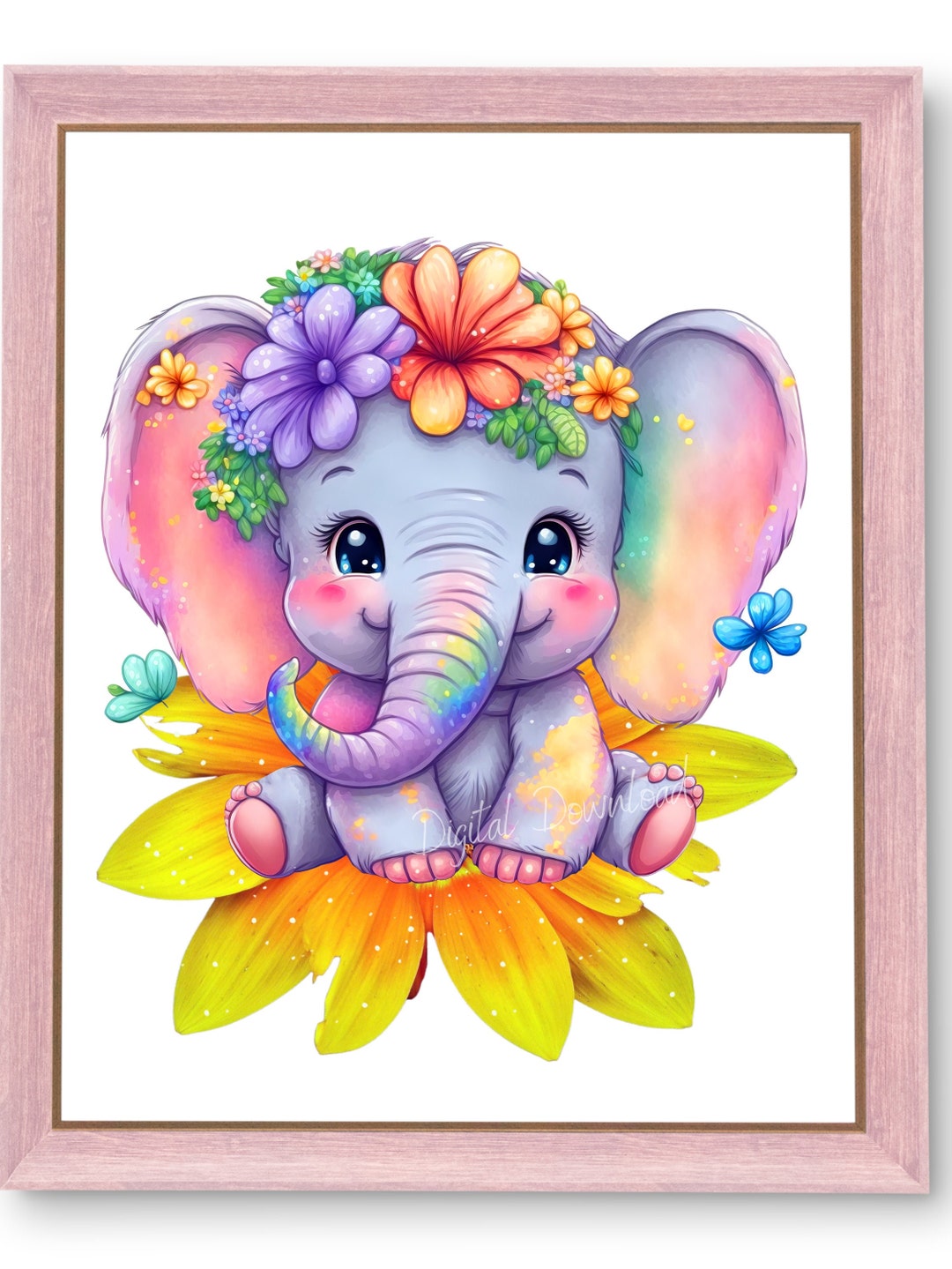 Cute Baby Elephant Sitting on Sunflower Instant Digital - Etsy