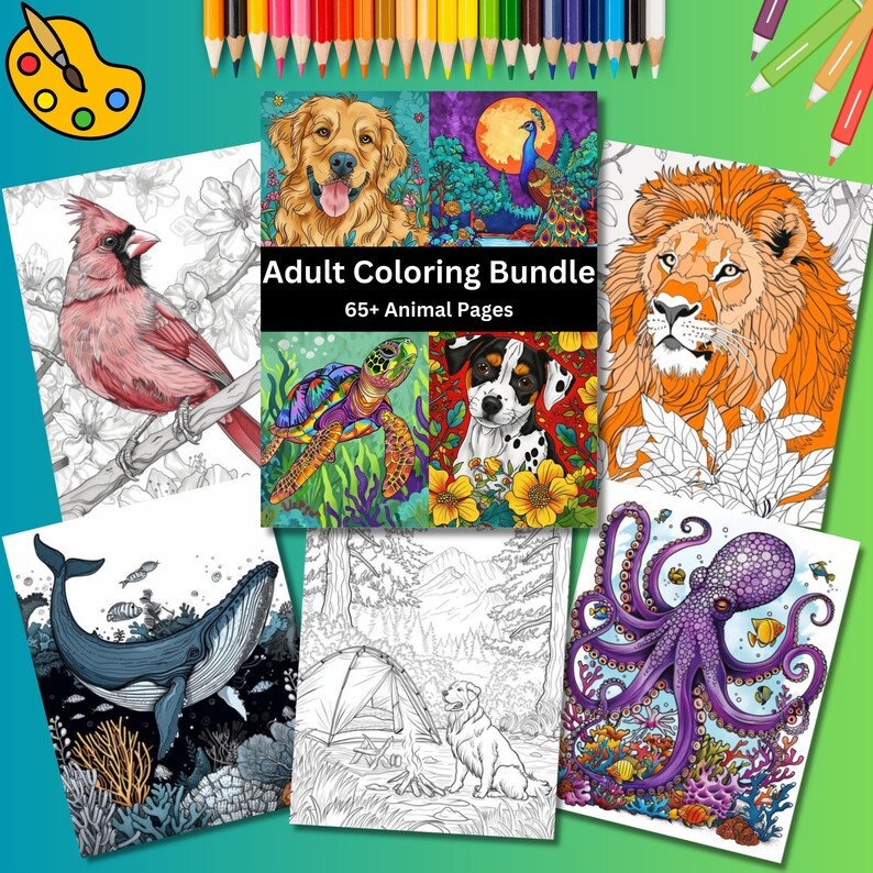 Adult Coloring Book Bundle | Dog, Puppy, Sea Creature, Bird, and Safari ...