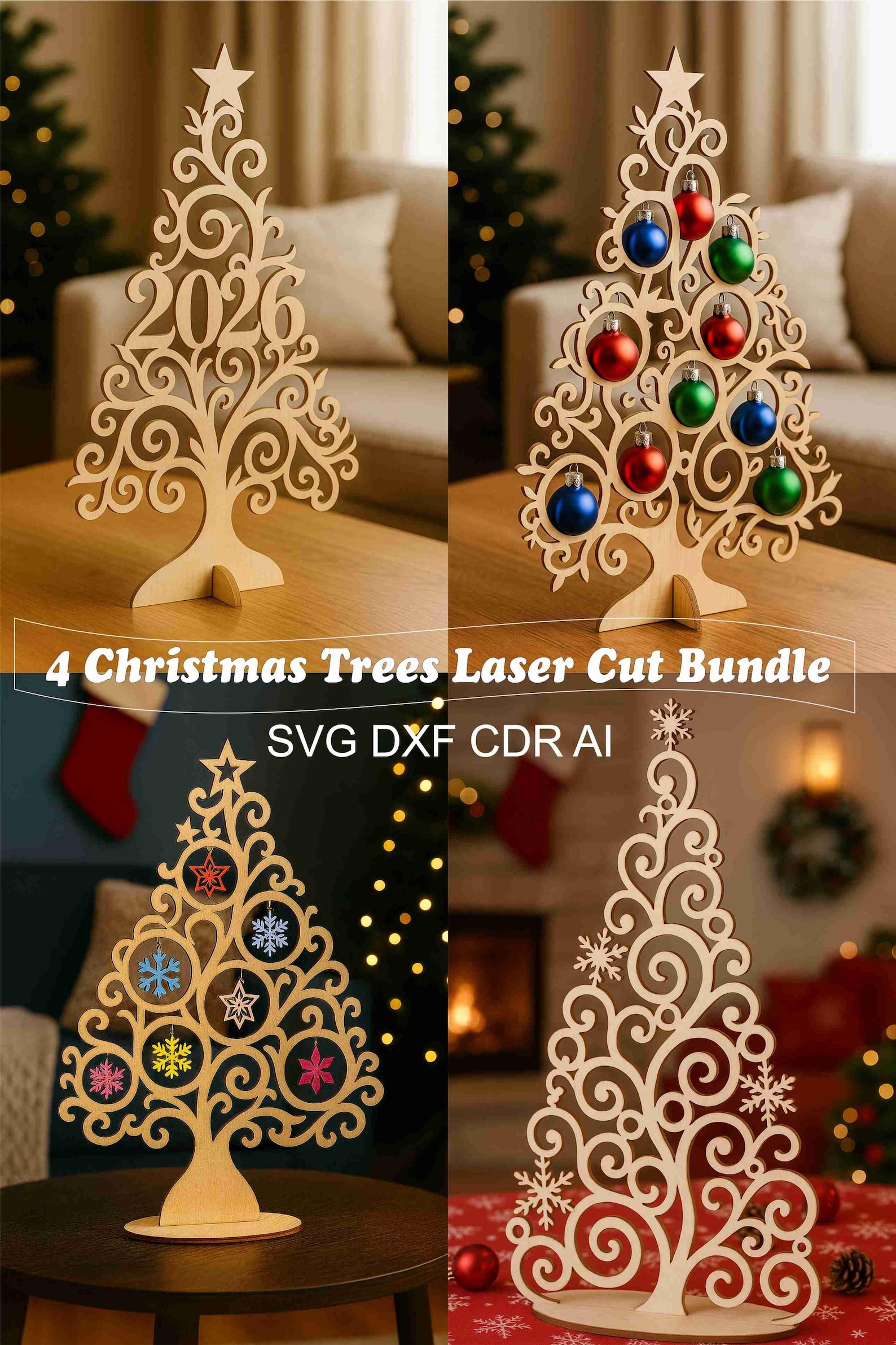 4 Wooden Christmas Tree SVG: CNC Laser Cut File, Tabletop Decor ...