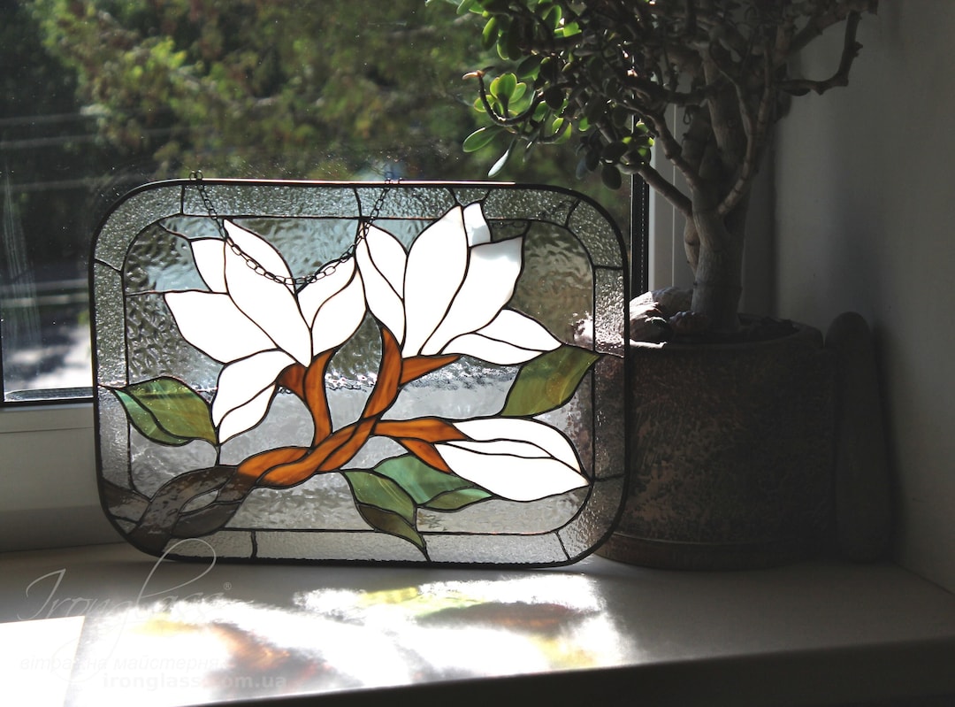 Magnolia Stained Glass Flower Window Panel Glass Window Hanging Stained ...