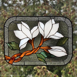 Magnolia Stained Glass Flower Window Panel Glass Window Hanging Stained ...