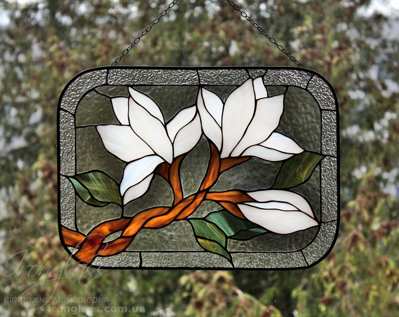 Magnolia Stained Glass Flower Window Panel Glass Window Hanging Stained ...