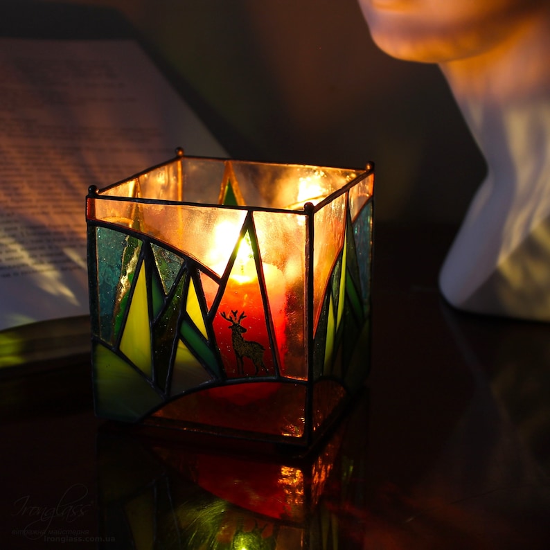 Stained Glass Deer Candle Holder – Forest Scene - Etsy