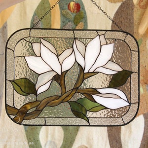 Magnolia Stained Glass Flower Window Panel Glass Window Hanging Stained ...
