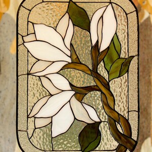 Magnolia Stained Glass Flower Window Panel Glass Window Hanging Stained ...