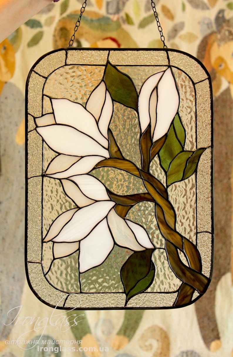 Magnolia Stained Glass Flower Window Panel Glass Window Hanging Stained ...