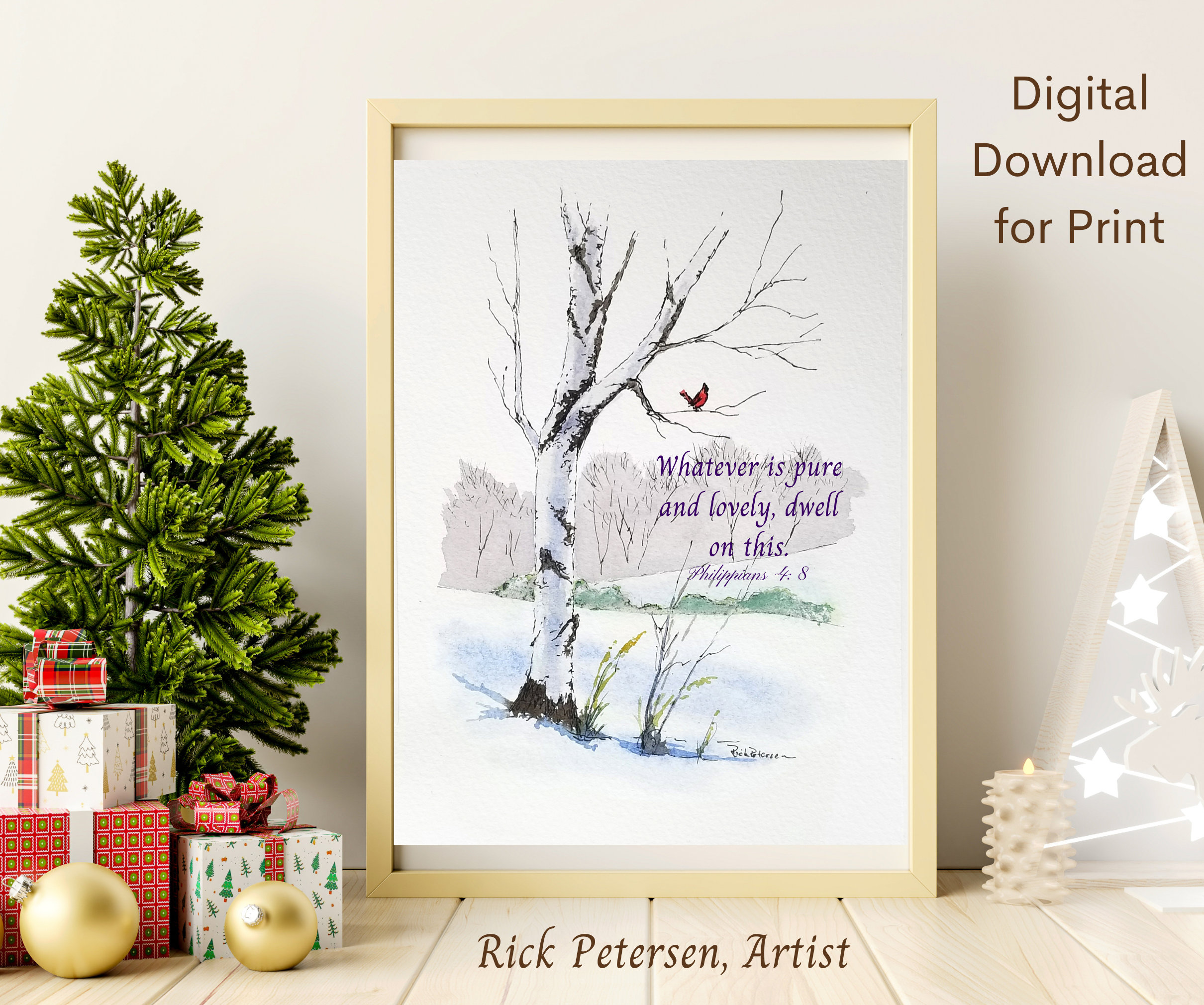 Birch and Cardinal Digital Download, Winter Snow Scene Cardinal Bird ...