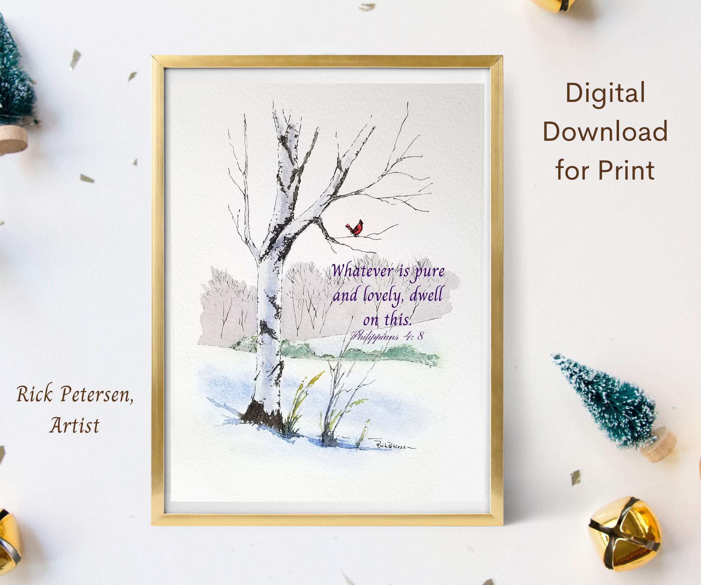 Birch and Cardinal Digital Download, Winter Snow Scene Cardinal Bird ...