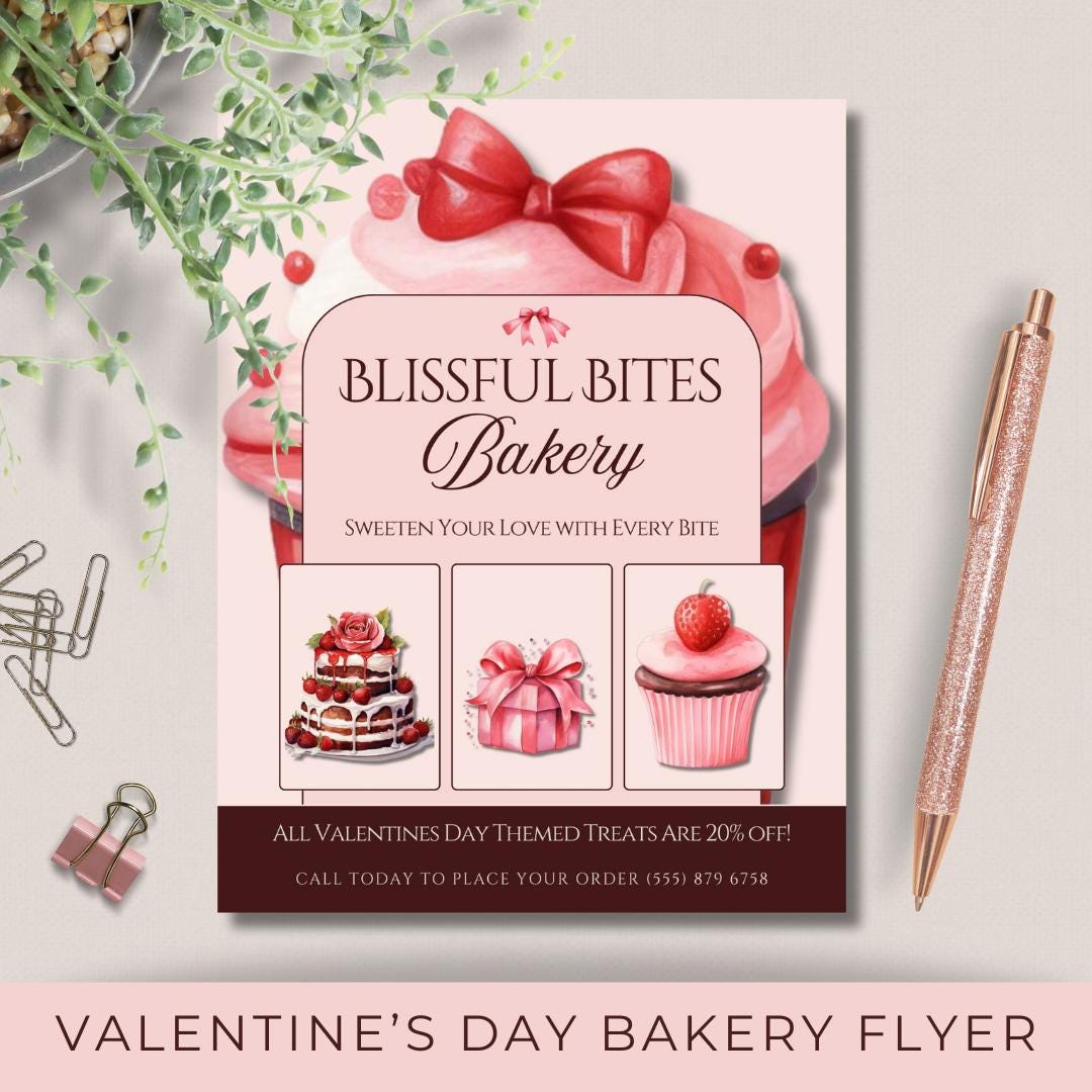 Valentine's Day Bakery Flyer Template for Cake Shops, Patisseries and ...