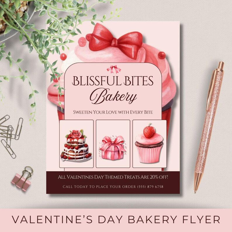 Valentine's Day Bakery Flyer Template for Cake Shops, Patisseries and ...