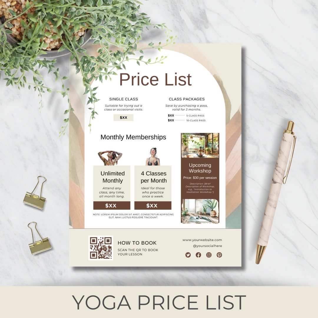 Editable Yoga Class Price List With Qr Code for Yoga Teachers ...