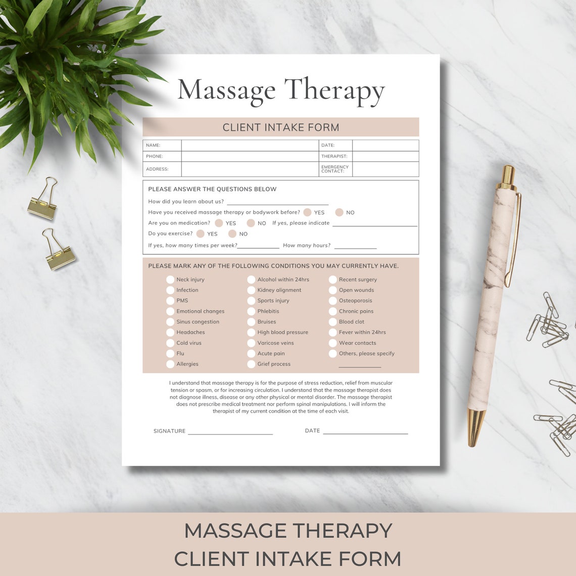 Massage Client Intake Form Template | Medical History Form ...