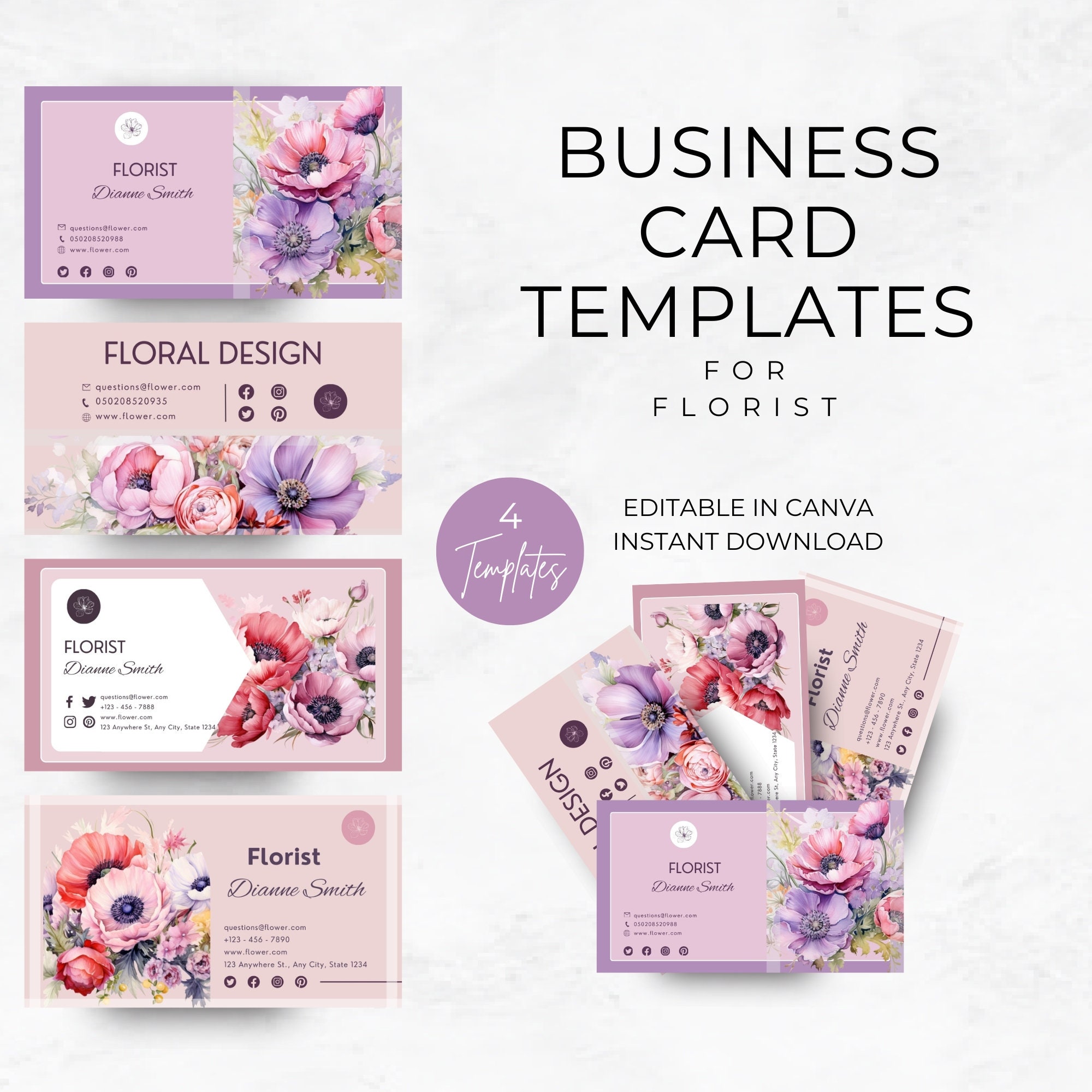 Florist Business Cards, Editable and Printable Templates for Floral ...