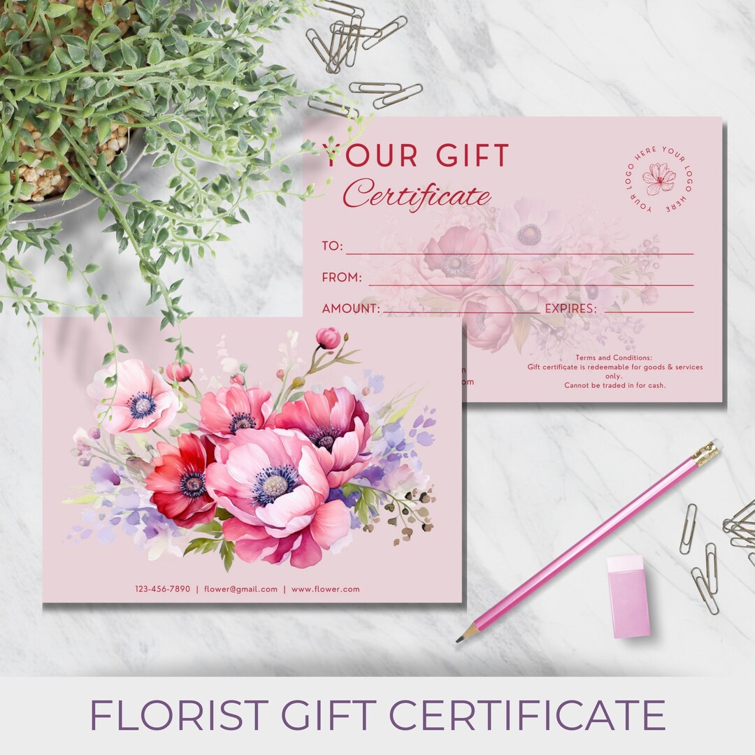 Florist Gift Certificate Template, Editable and Printable Flower Shop ...