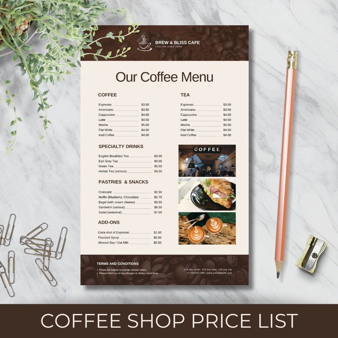 Coffee Shop Price List Template | Editable and Printable Menu Card for ...