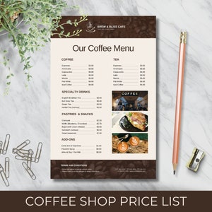 Coffee Shop Price List Template | Editable and Printable Menu Card for ...