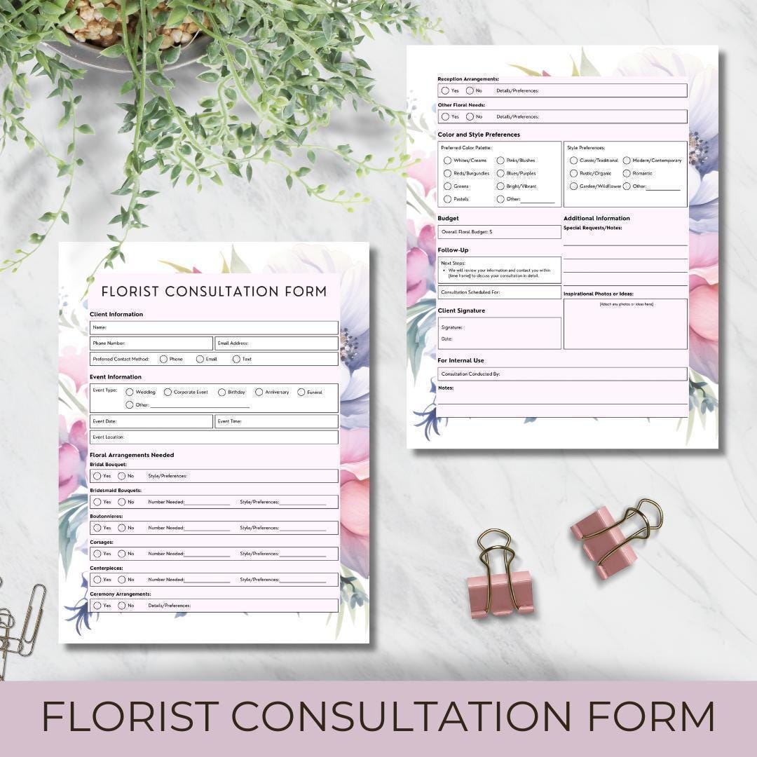 Florist Booking Form | Printable and Customizable | Wedding & Event Use ...
