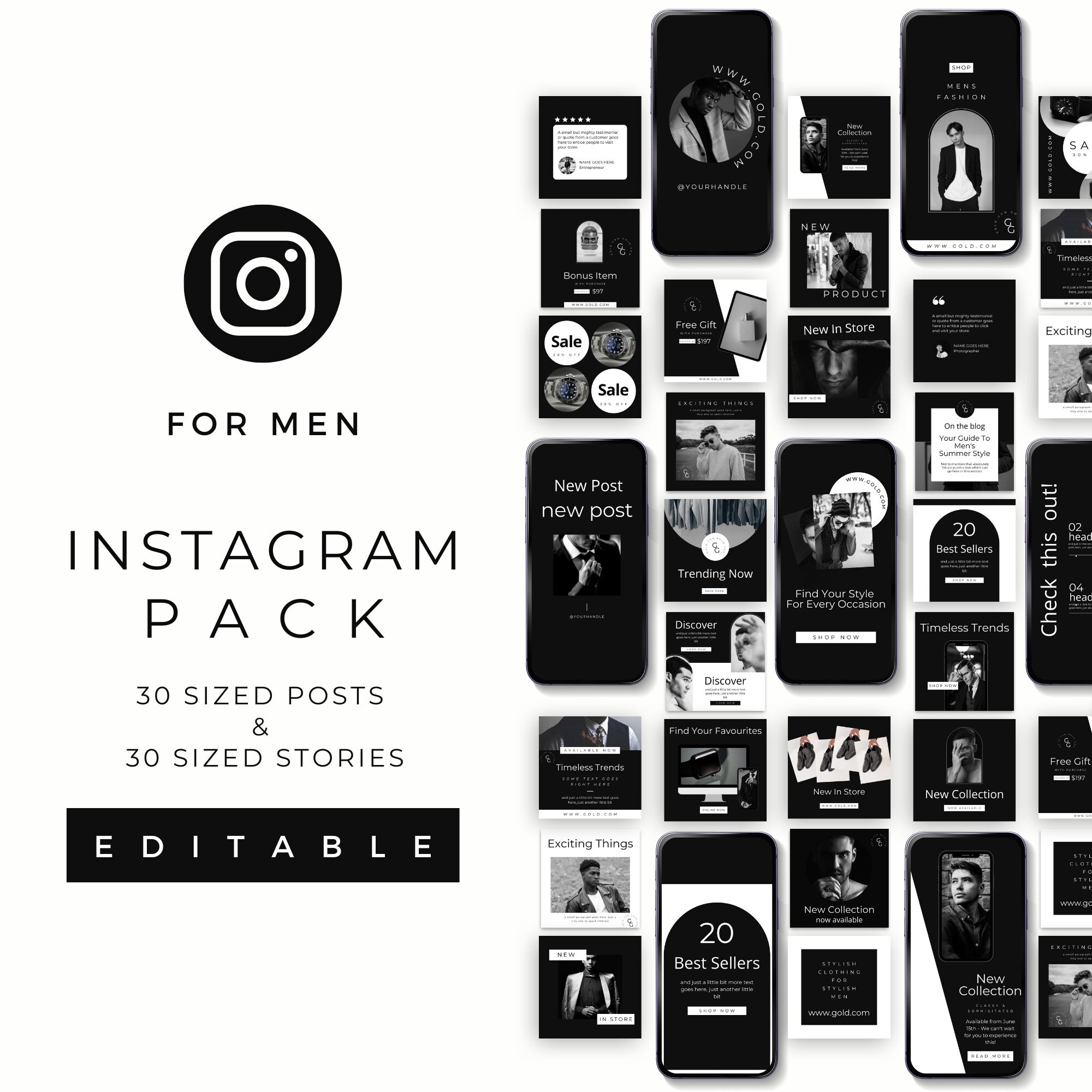 Male Instagram Black Canva Template Dark IG Template Instant Download ...