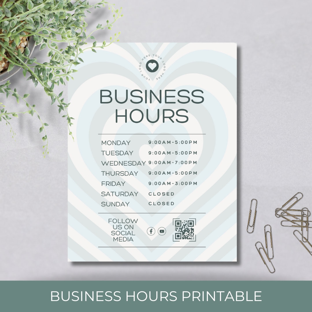 Business Hour Canva Template, Printable Opening and Closing Time for ...