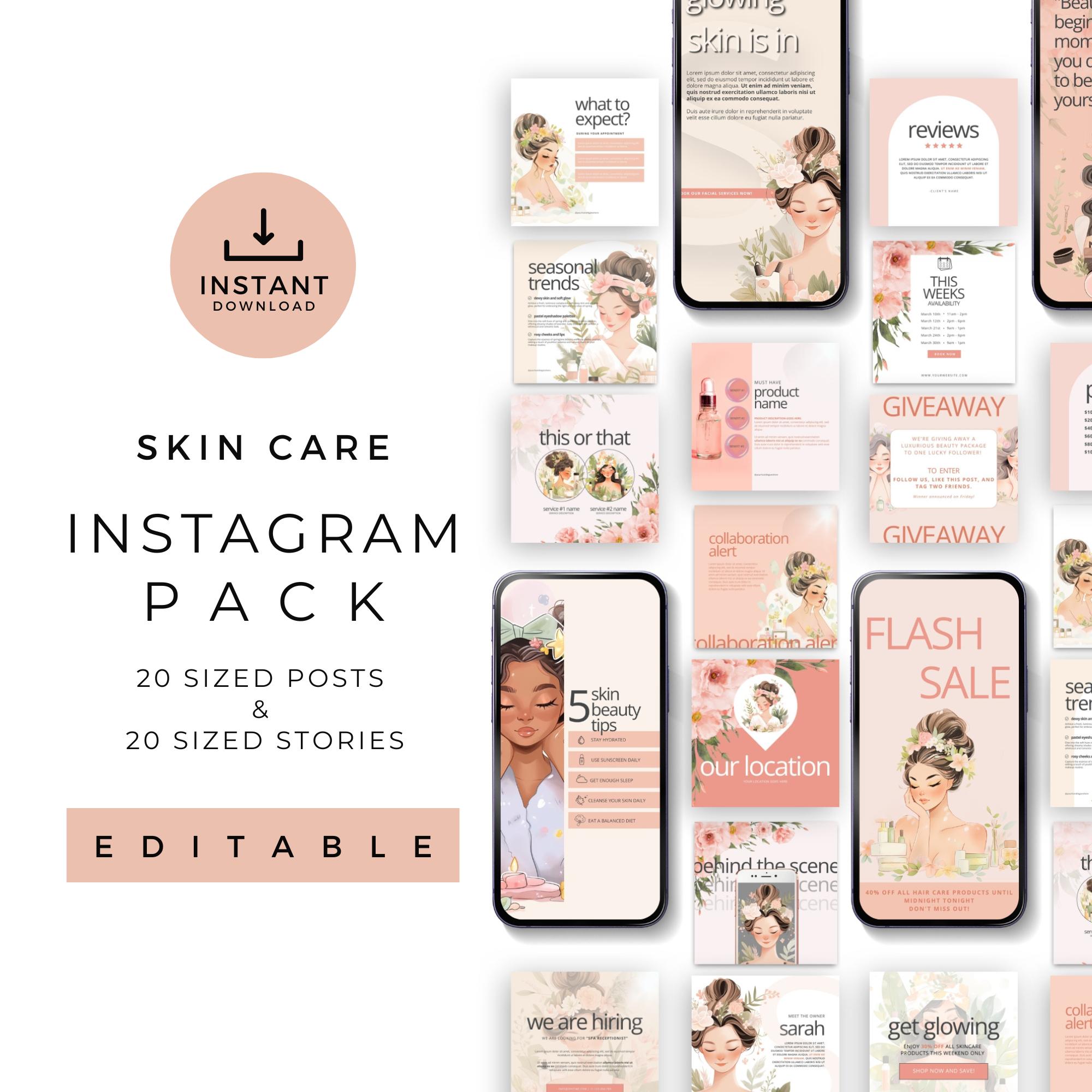 Instagram Bundle of Skin Care Post and Story Templates | Editable ...