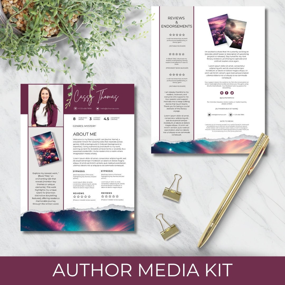 Media Kit Author, Editable Printable Marketing Material for Writer ...