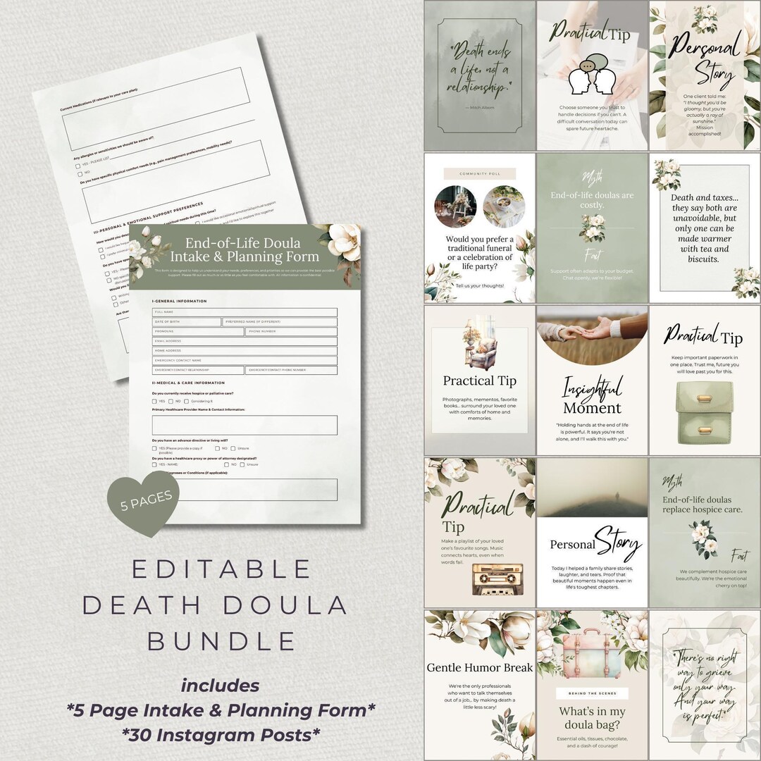 End of Life Doula Intake Form and Instagram Posts Bundle | Editable ...