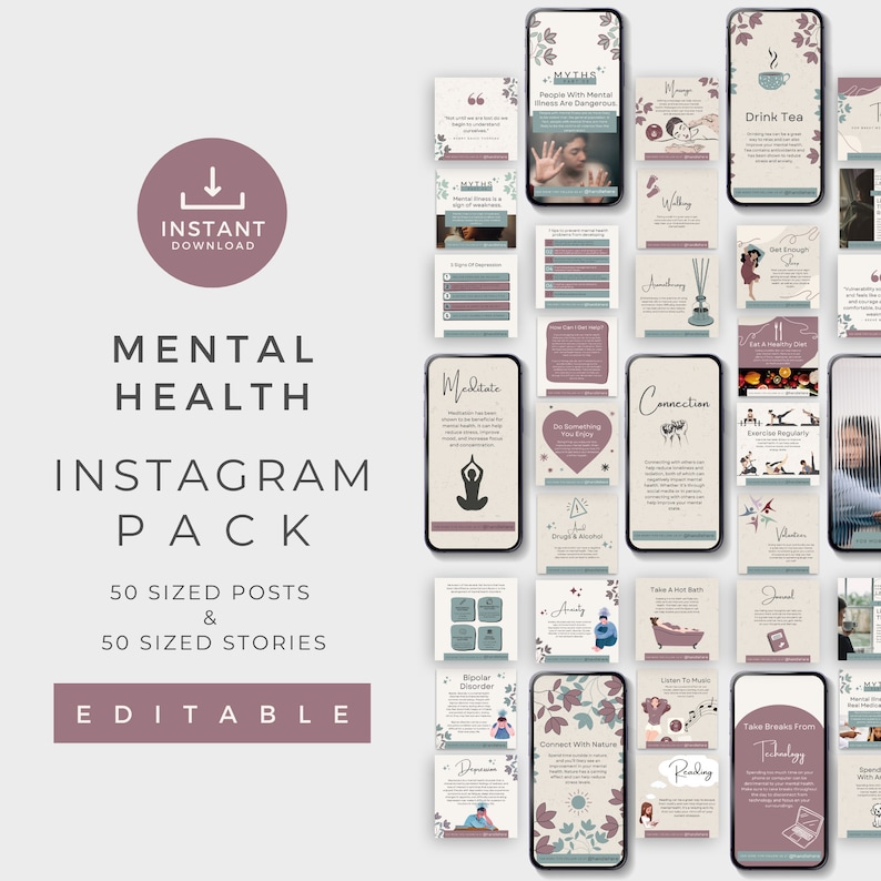 Canva Mental Health Instagram Templates, Social Media Engagement ...