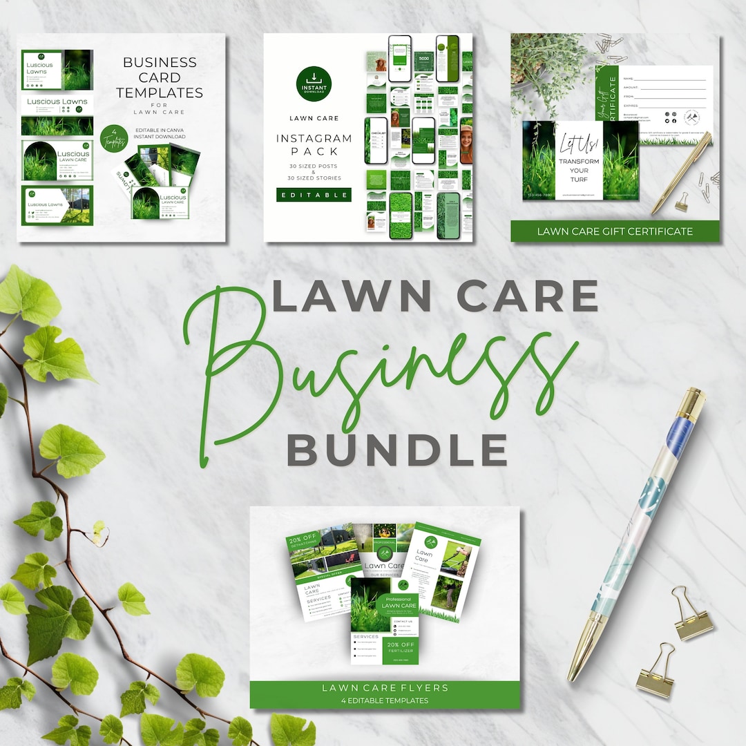 Complete Lawn Care Business Template Bundle, Editable Business Cards ...