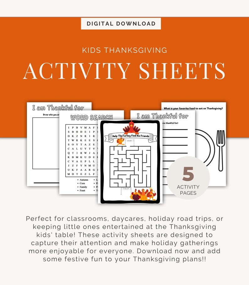 Thanksgiving Kids Activity Sheets | Printable Thanksgiving Games | PDF ...
