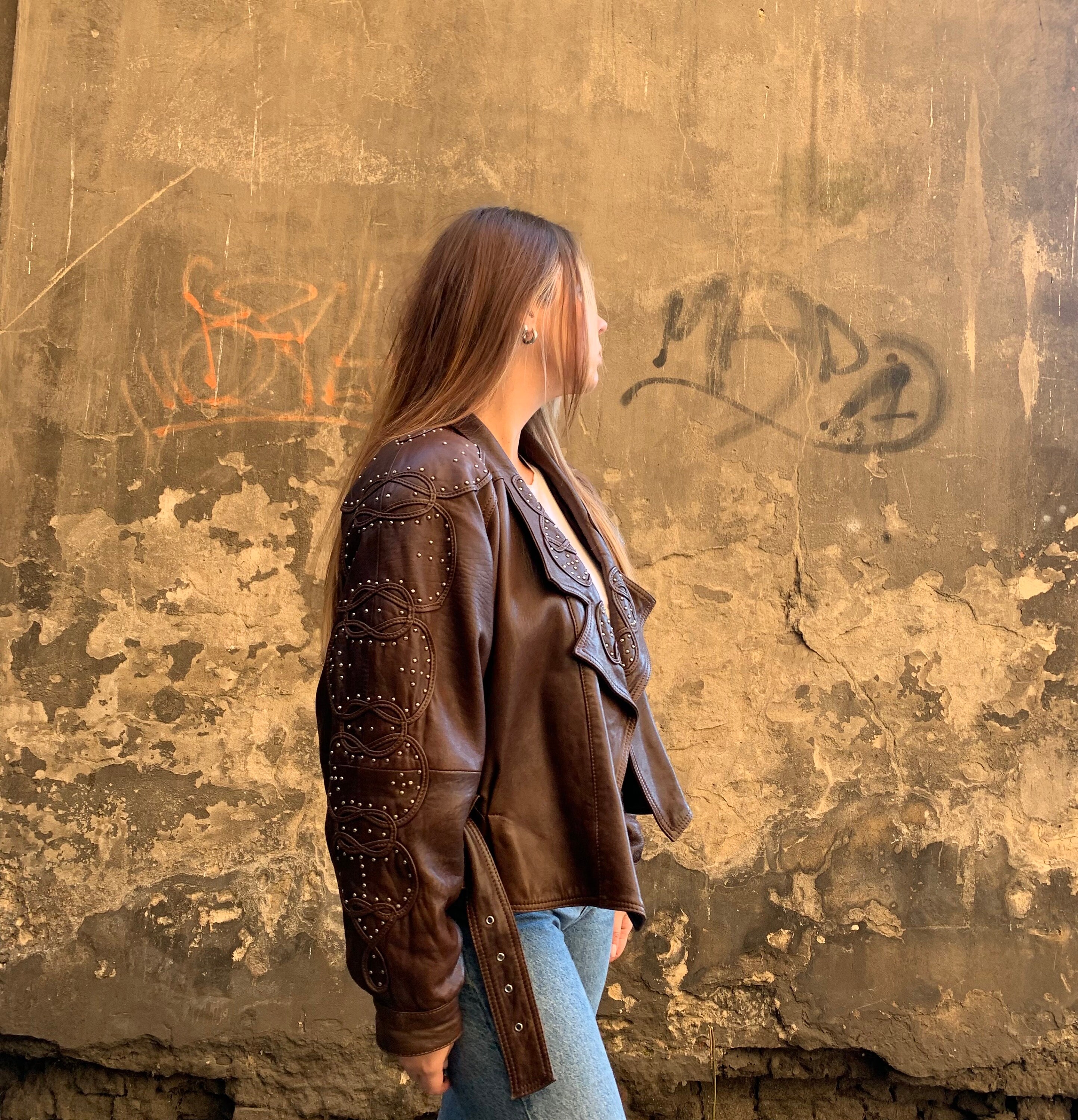 Vintage Real Leather Jacket Brown Spikes M 38 70s/80s Motorbike - Etsy