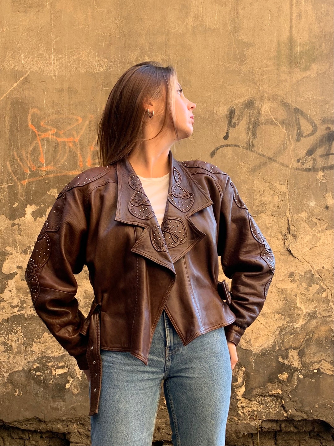 Vintage Real Leather Jacket Brown Spikes M 38 70s/80s Motorbike - Etsy