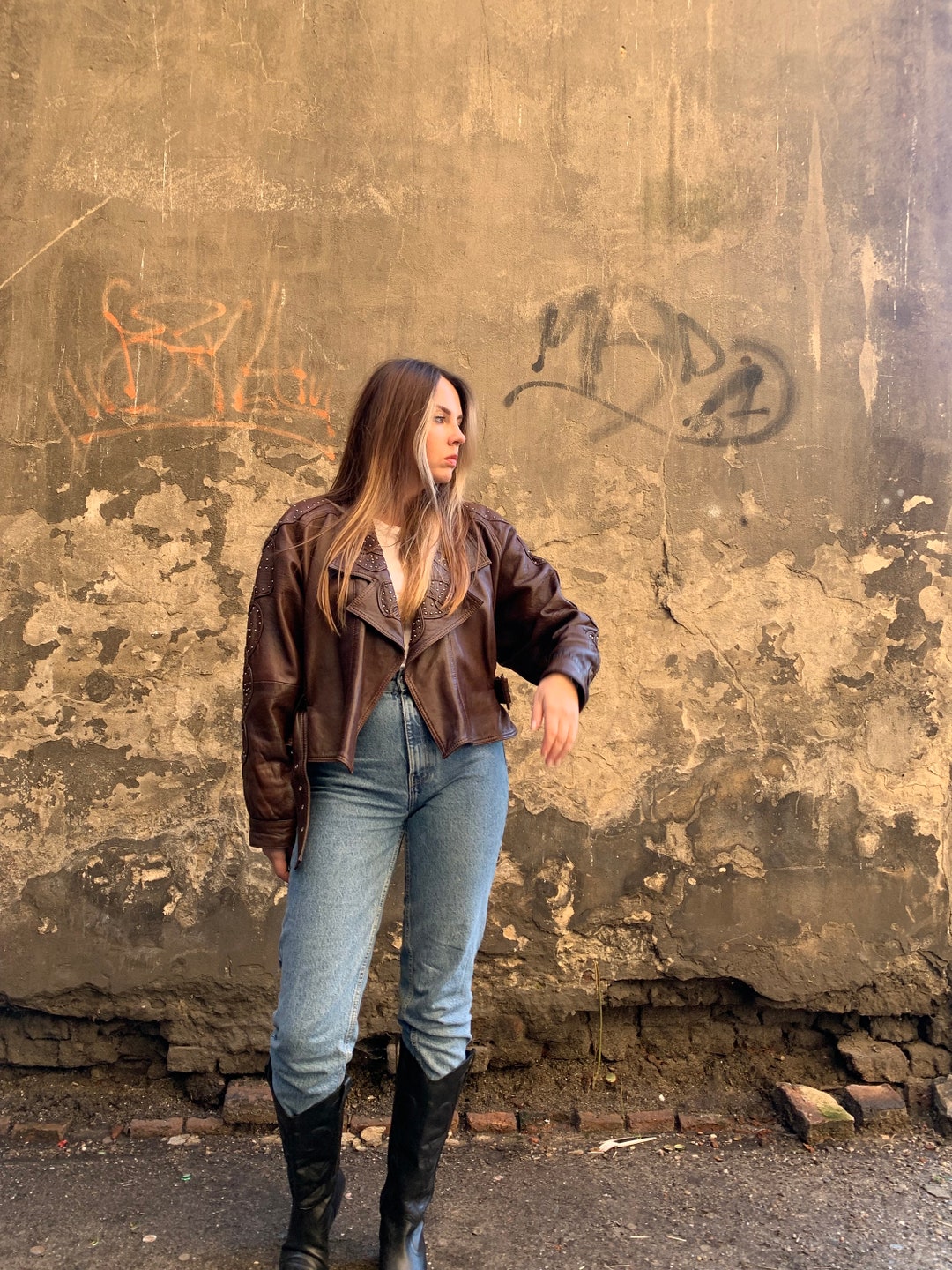 Vintage Real Leather Jacket Brown Spikes M 38 70s/80s - Etsy