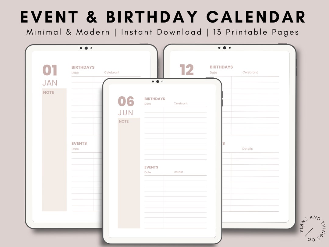 Event & Birthday Calendar, 13 Printable Pages, Minimal and Modern ...