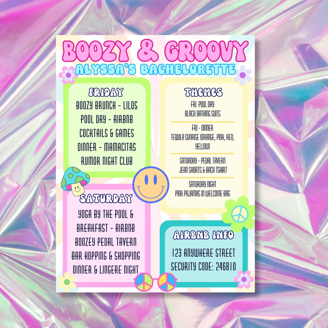 BOOZY & GROOVY Bachelorette Itinerary Fully Editable Canva Template TWO ...
