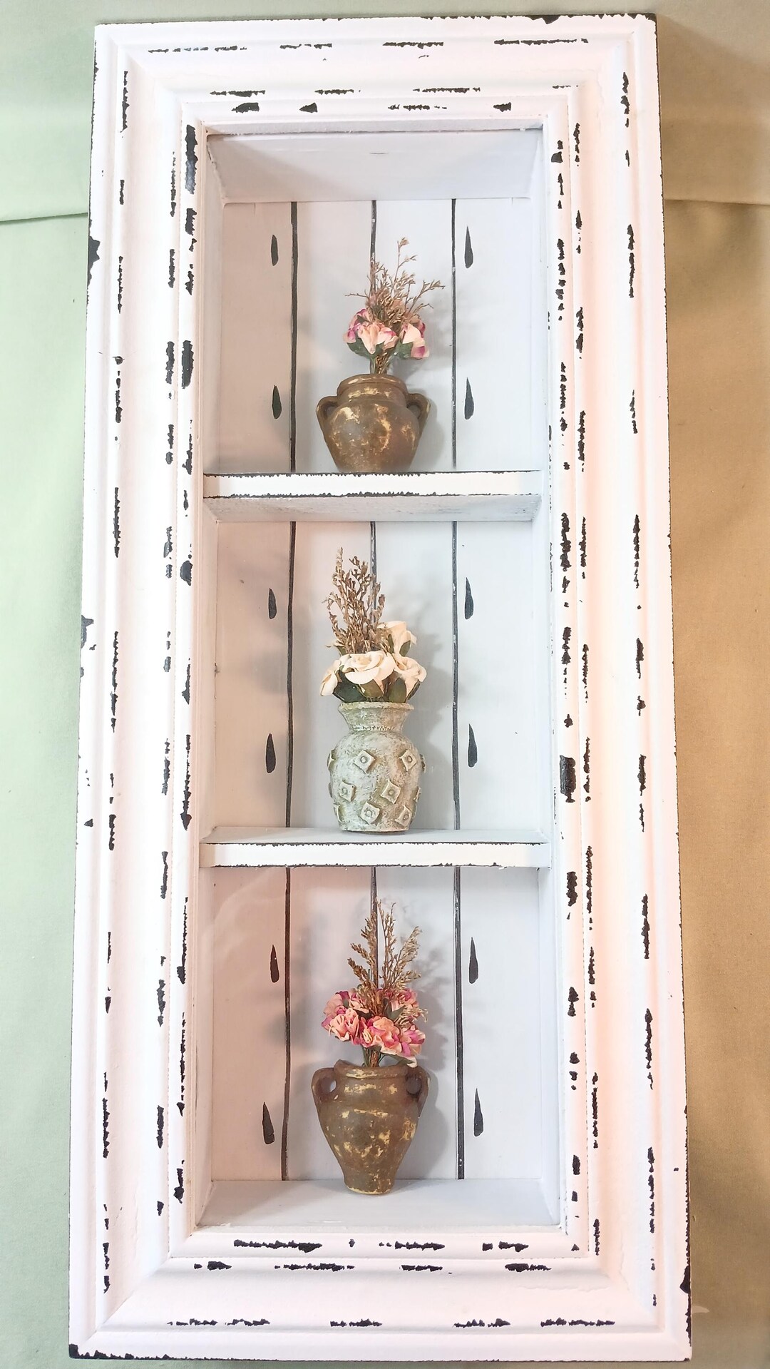 Distressed Rustic Wood Shadowbox Wall Decor Three Shelves Glass Front ...