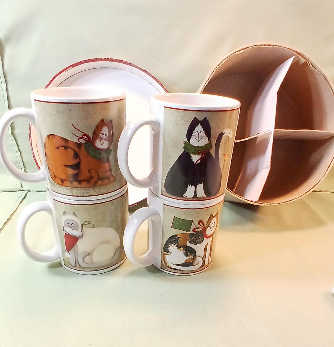 Stoneware Mugs Sakira Fiddlestix Christmas Cats 12 Ounce Mugs Excellent ...