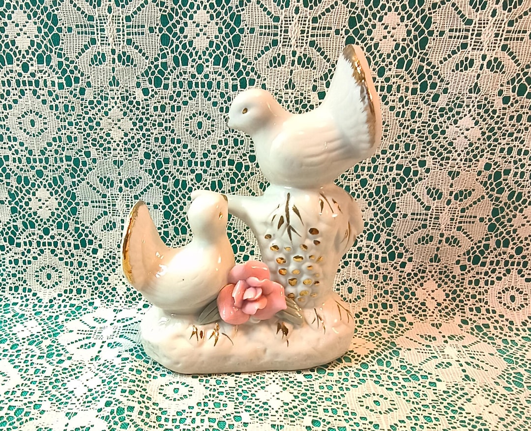 Vintage Porcelain White Doves Figurine With Gold Accents and Pink Roses ...