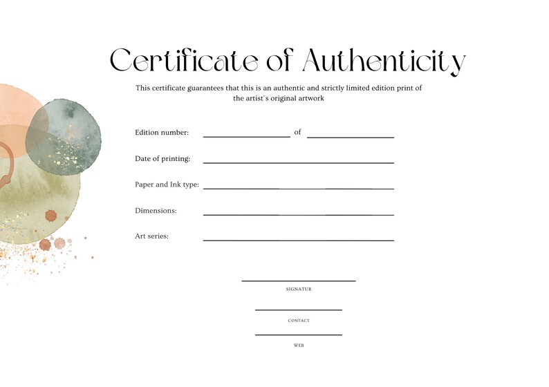 Certificate of Authenticity Art Prints Printing DINA5 Aquarelll - Etsy