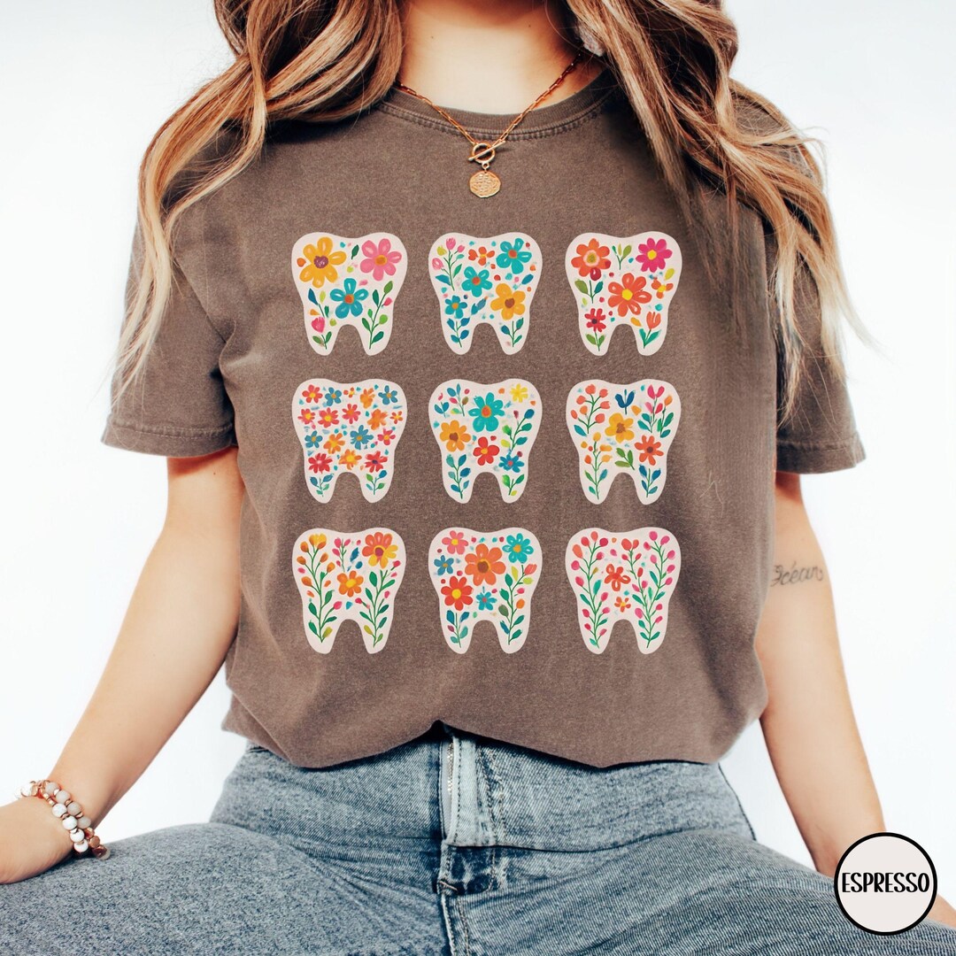 Comfort Colors Floral Tooth Shirt, Retro Dental Hygienist T-shirt ...