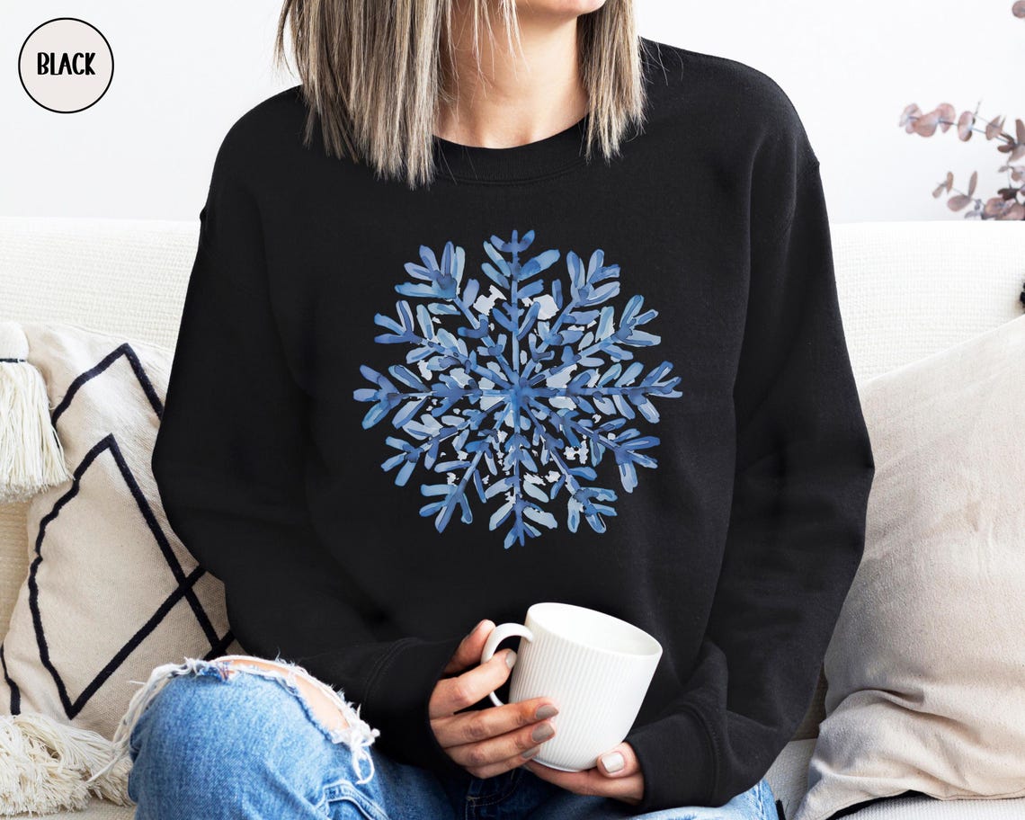 Blue Toile Snowflake Sweatshirt, Christmas Watercolor Snowflake Sweater ...