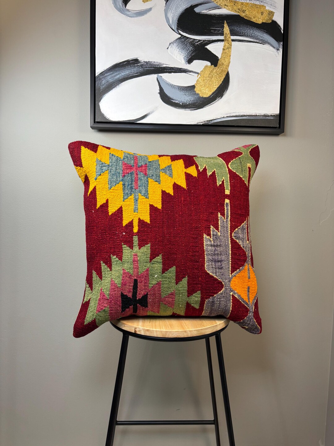 Handwoven Turkish Boho Pillow, 20x20 Lumbar Kilim Pillow Cover, Turkish ...