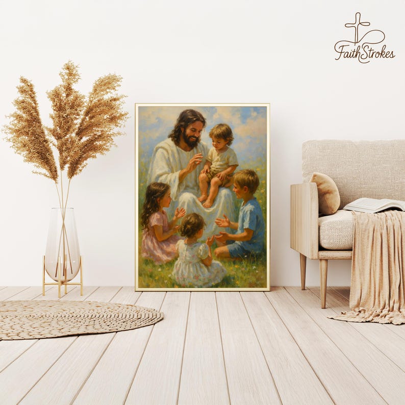 Jesus With Children: Christian Wall Art, Bible Story Painting, Digital ...
