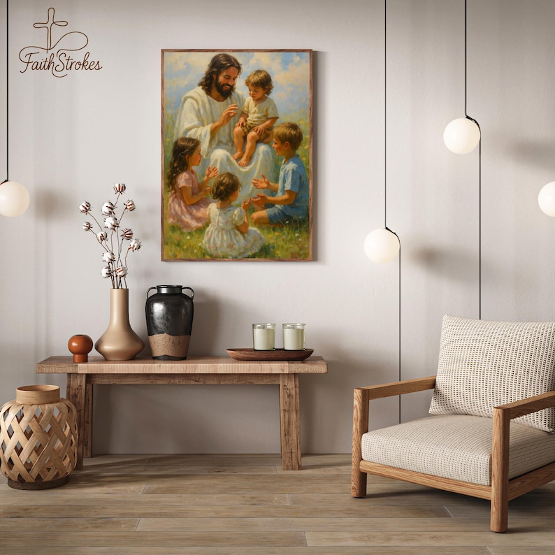 Jesus With Children: Christian Wall Art, Bible Story Painting, Digital ...